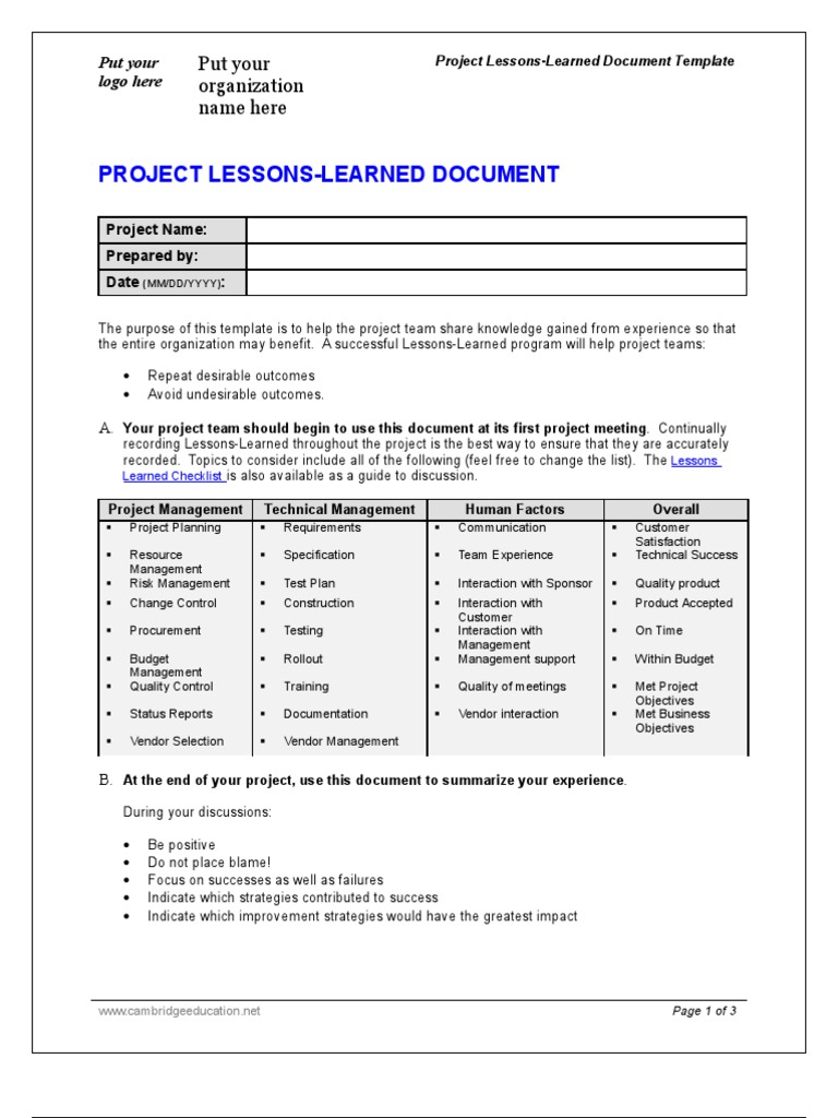 Lessons Learned Document Template | PDF