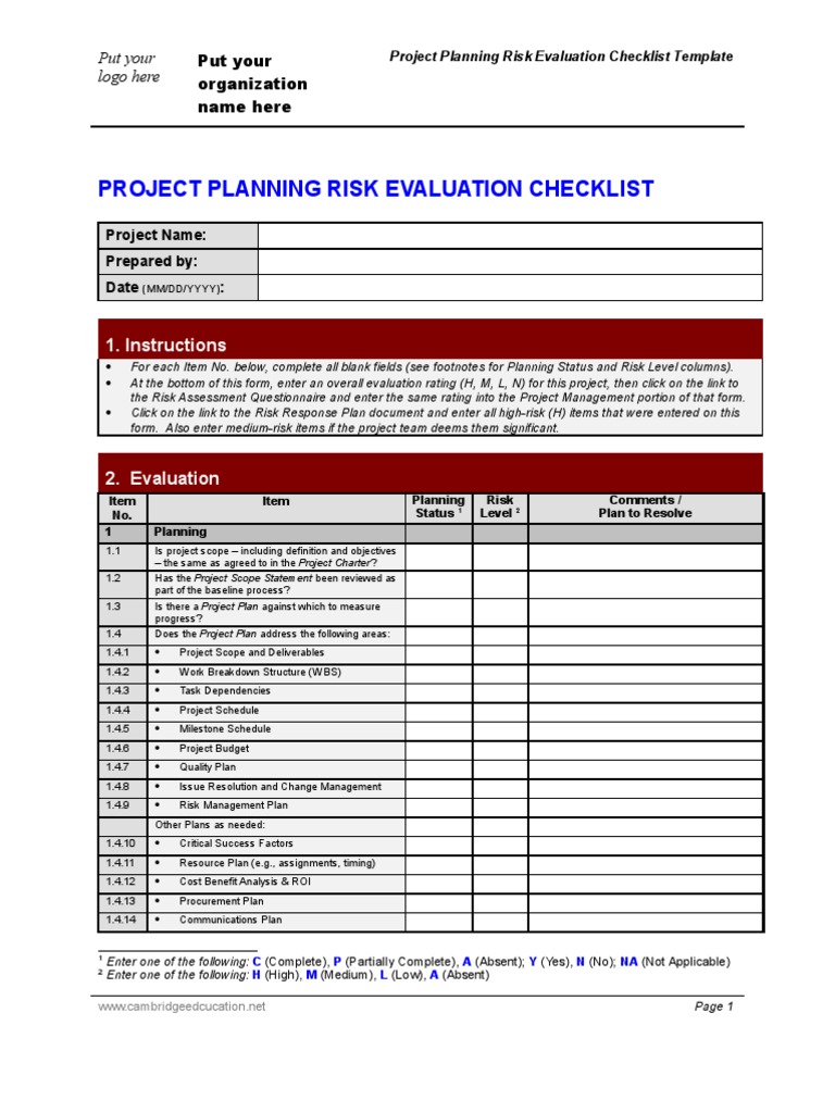 Planning Risk Evaluation Checklist | PDF | Quality Assurance | Project ...