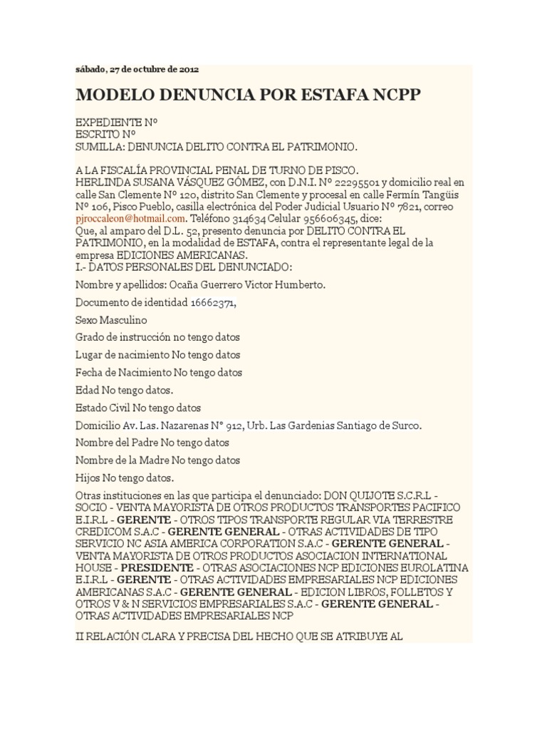 Denuncia Por Estafa | PDF | Trucos de confianza | Bienes (Ley)