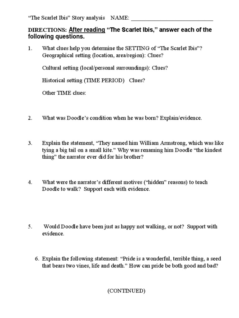 DIRECTIONS: After Reading "The Scarlet Ibis," Answer Each of The ...