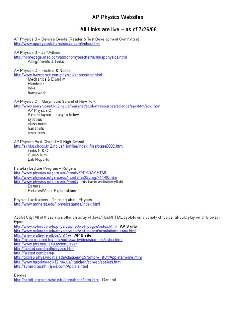 AP Physics Websites All Links Are Live - As of 7/26/06 | PDF | Waves ...