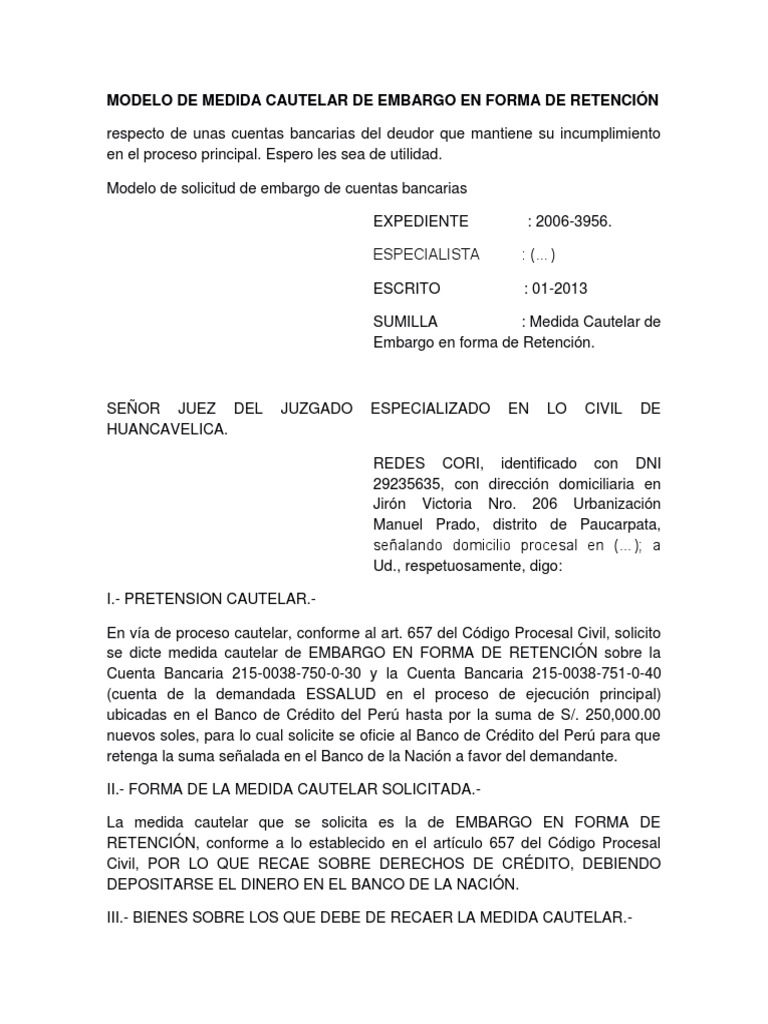 Modelo de Medida Cautelar de Embargo | PDF | Mandato | Pagos