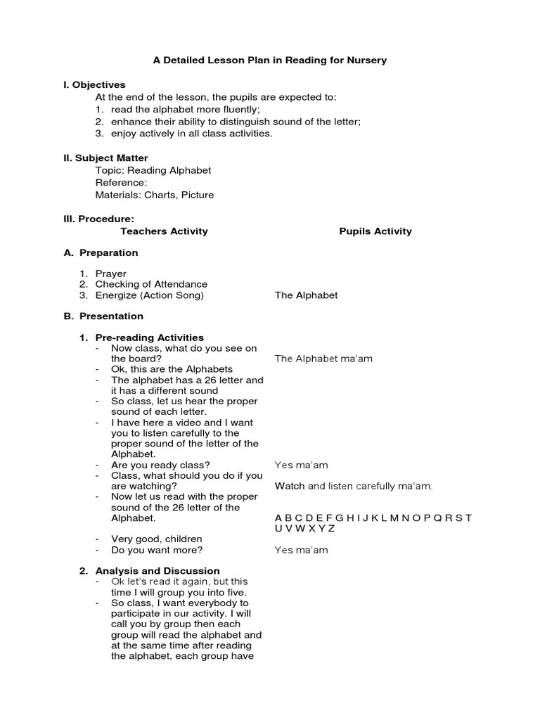 A Detailed Lesson Plan in Reading For Nursery | PDF | Lesson Plan ...