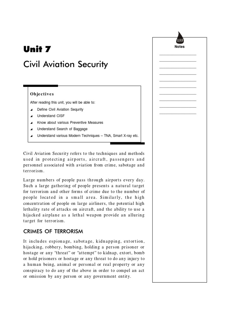 Unit 7 Civil Aviation Security: Objectives | PDF | Airport Security | Aircraft Hijackings