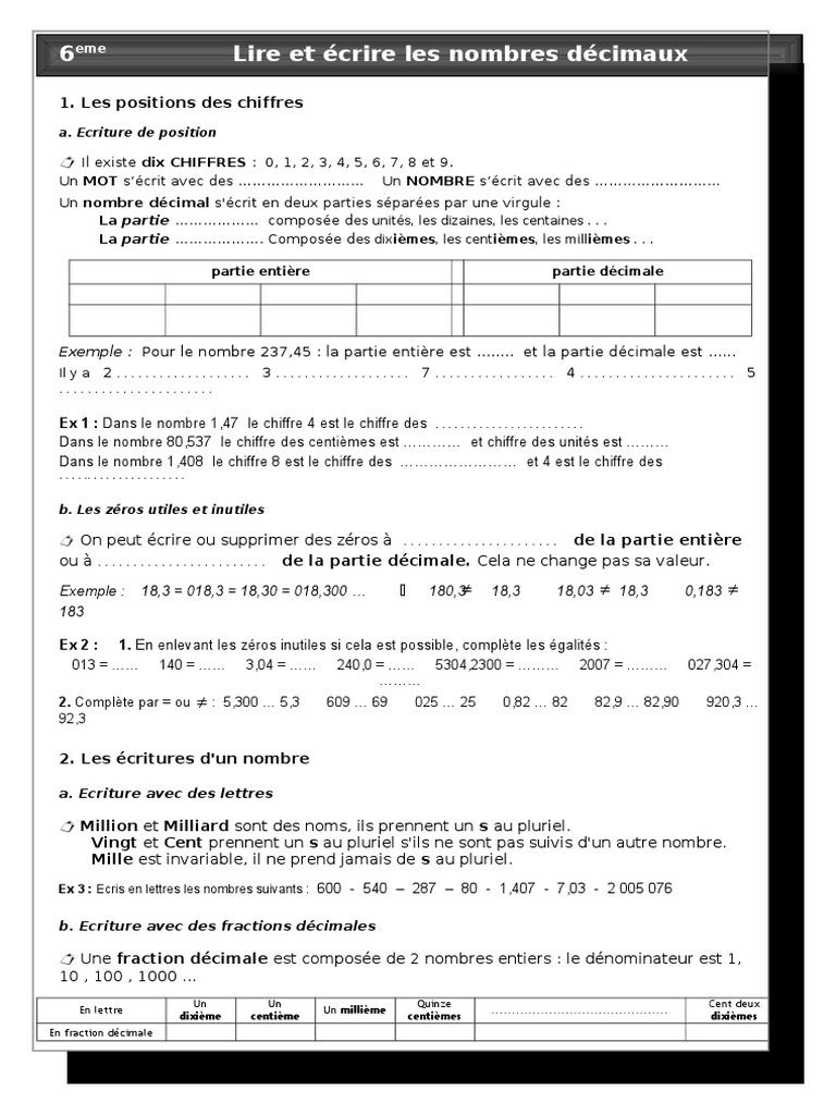 Nombres décimaux en 6ème : Cours et exercices | PDF | Arithmétique ...