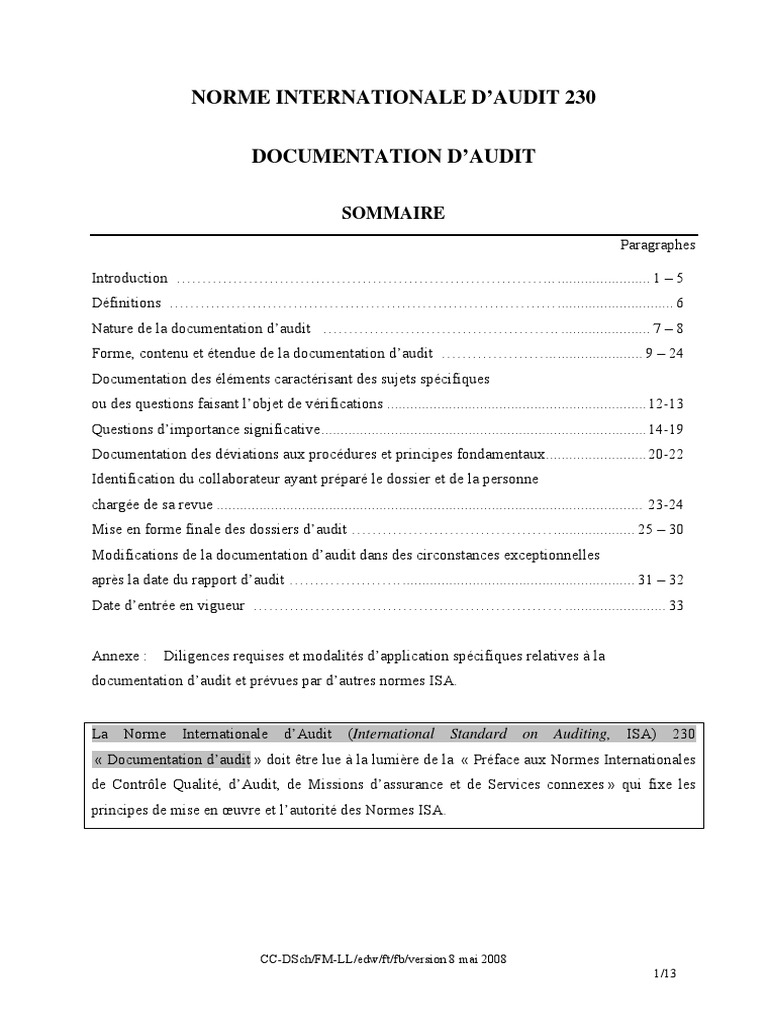 Norme ISA 230 : Documentation d'Audit | PDF | Finance et gestion ...