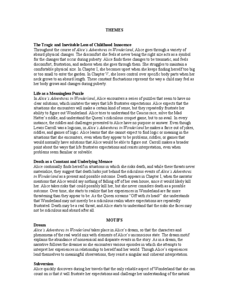 Alice - Themes, Symbols, Motifs | PDF | Alice (Alice's Adventures In ...