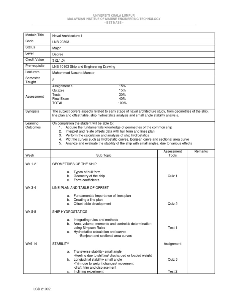LNB 20303-Naval Architecture 1 - Lesson Plan | PDF | Naval Architecture ...