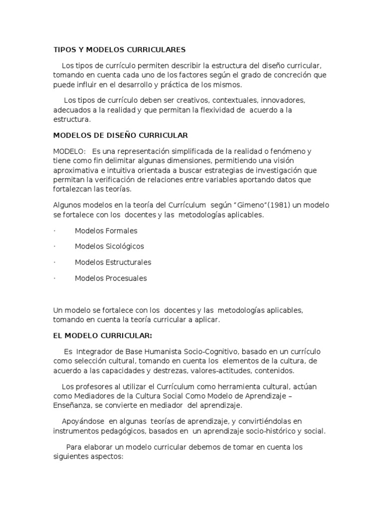 Tipos y Modelos Curriculares | PDF | Plan de estudios | Aprendizaje