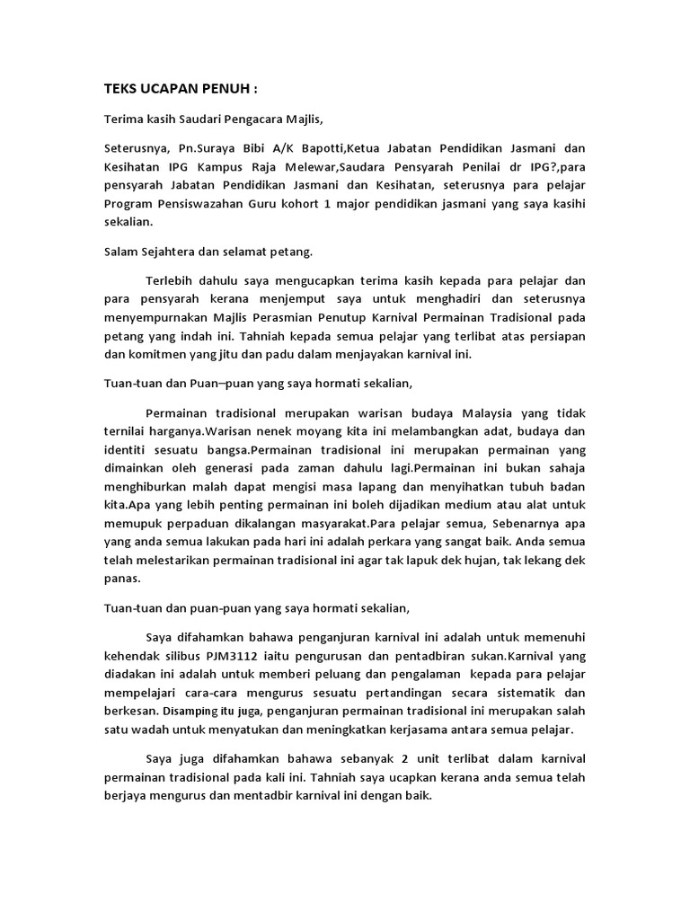 Teks Ucapan Perasmian Karnival Per. Tradisional Oleh Tim - Pengarah ...
