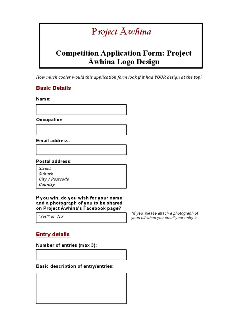 Competition Application Form - Project Āwhina Logo Design | PDF ...