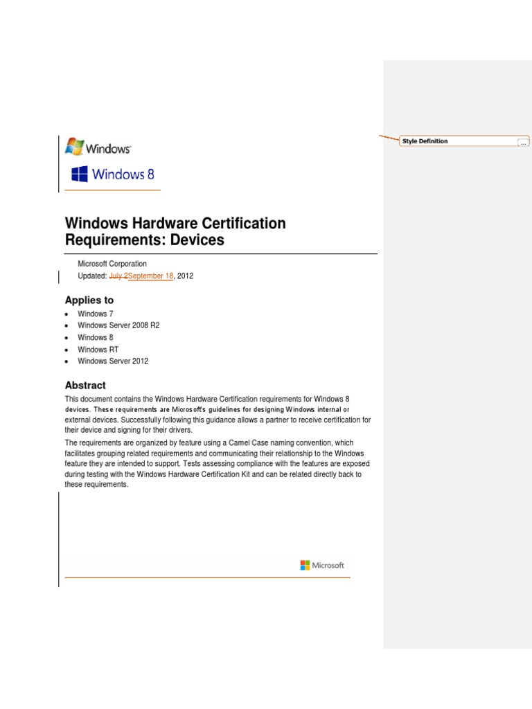 Windows8 Hardware Cert Requirements Device Blackline 20120918 | PDF | Patent | Intellectual Property