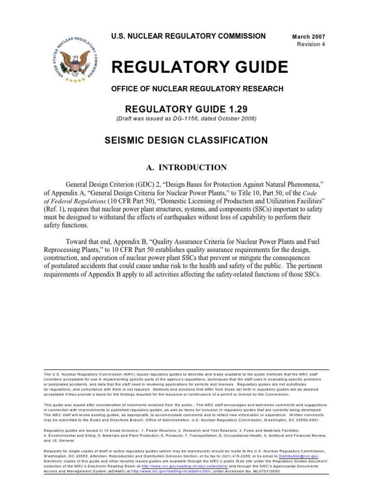 NRC Regulatory Guide on Seismic Design Classification | PDF | Nuclear ...