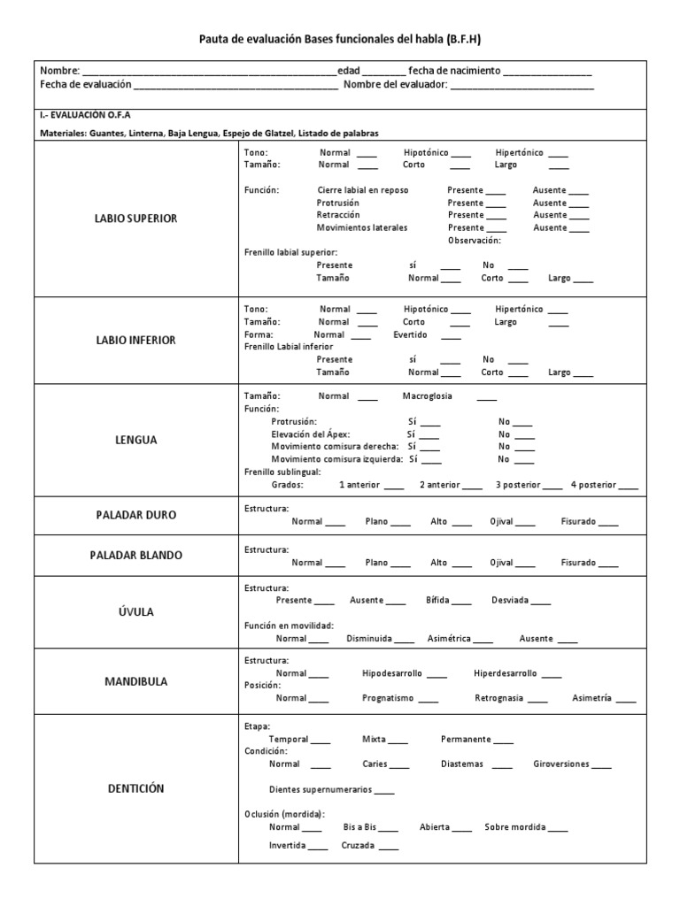 Pauta Evaluacion de Ofa y BFH | PDF | Cabeza y cuello humanos | Fisonomía