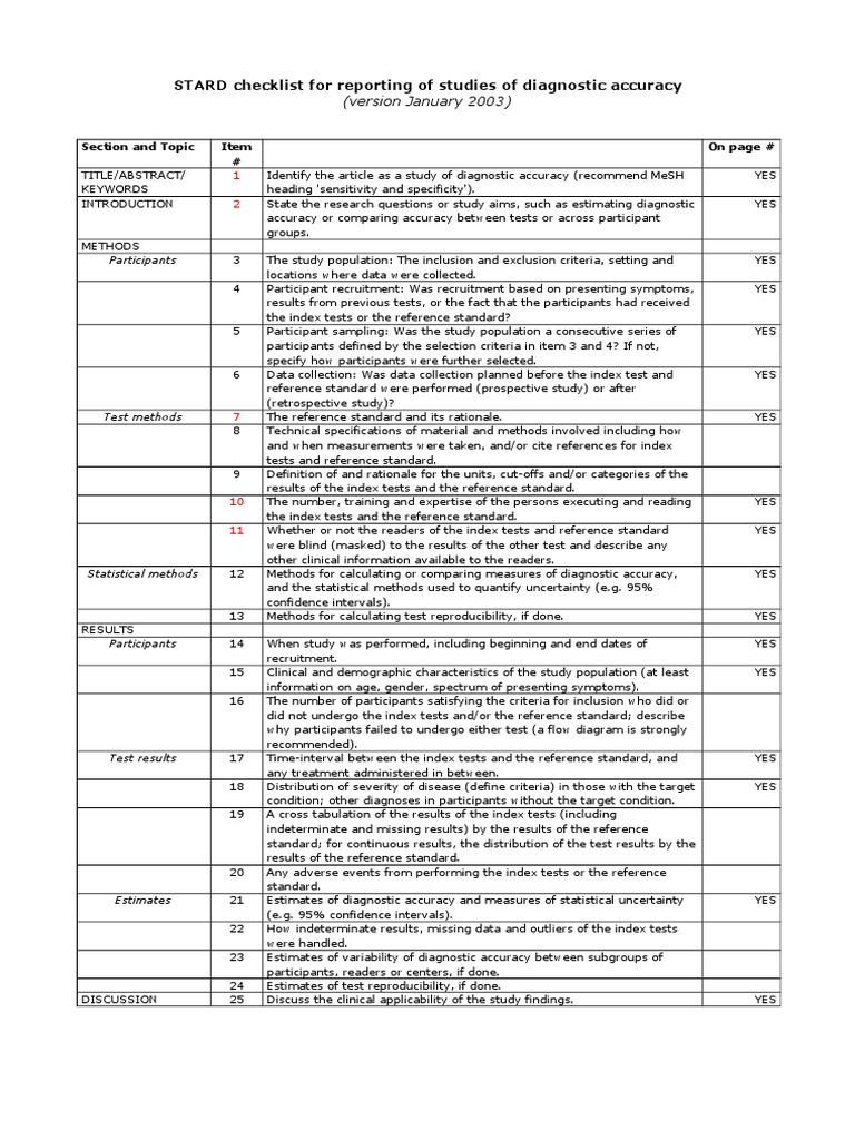STARD Checklist For Reporting of Studies of Diagnostic Accuracy | PDF ...