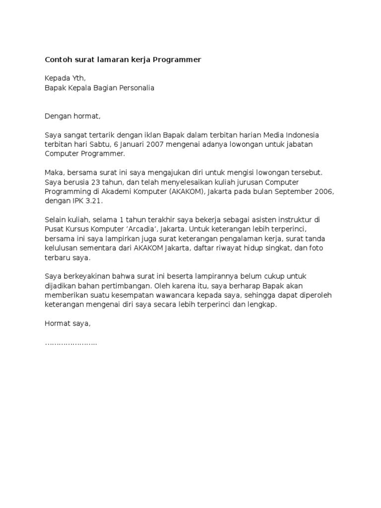 Contoh Surat Lamaran Kerja Programmer | PDF