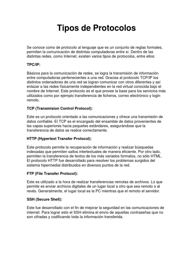 Tipos de Protocolos | PDF | Protocolos de comunicaciones | Red de computadoras
