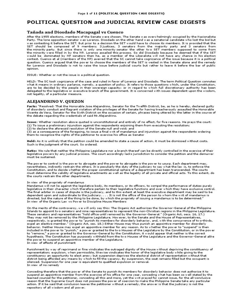 Political Question Case Digest Summary | PDF | Marbury V. Madison ...