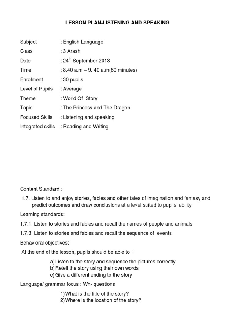 LESSON PLAN Listening and Speaking | PDF | Storytelling | Teachers