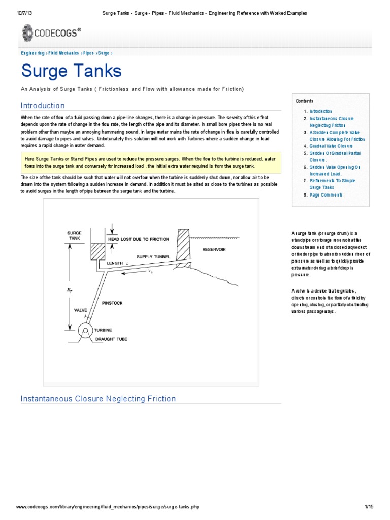 Surge Tanks - Surge - Pipes - Fluid Mechanics - Engineering Reference ...