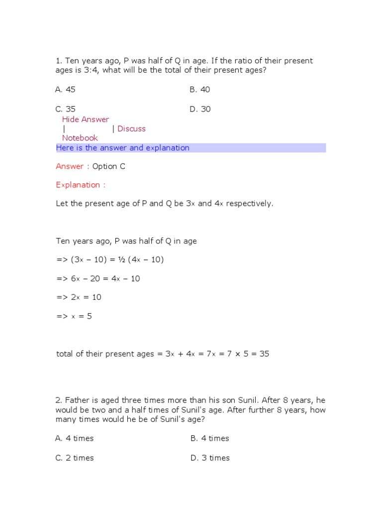 Problems On AGES | PDF | Quadratic Equation | Equations