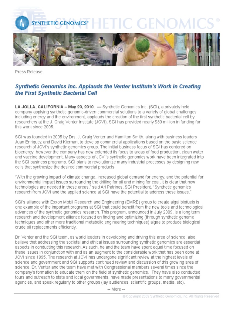 Synthetic Genomics Inc. Applauds The Venter Institute's Work in ...