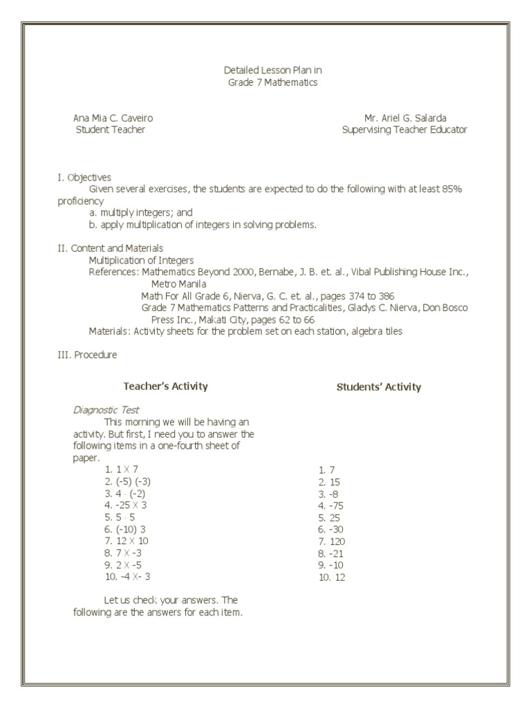 Grade 7 Math: Multiplying Integers | PDF | Multiplication | Teaching ...