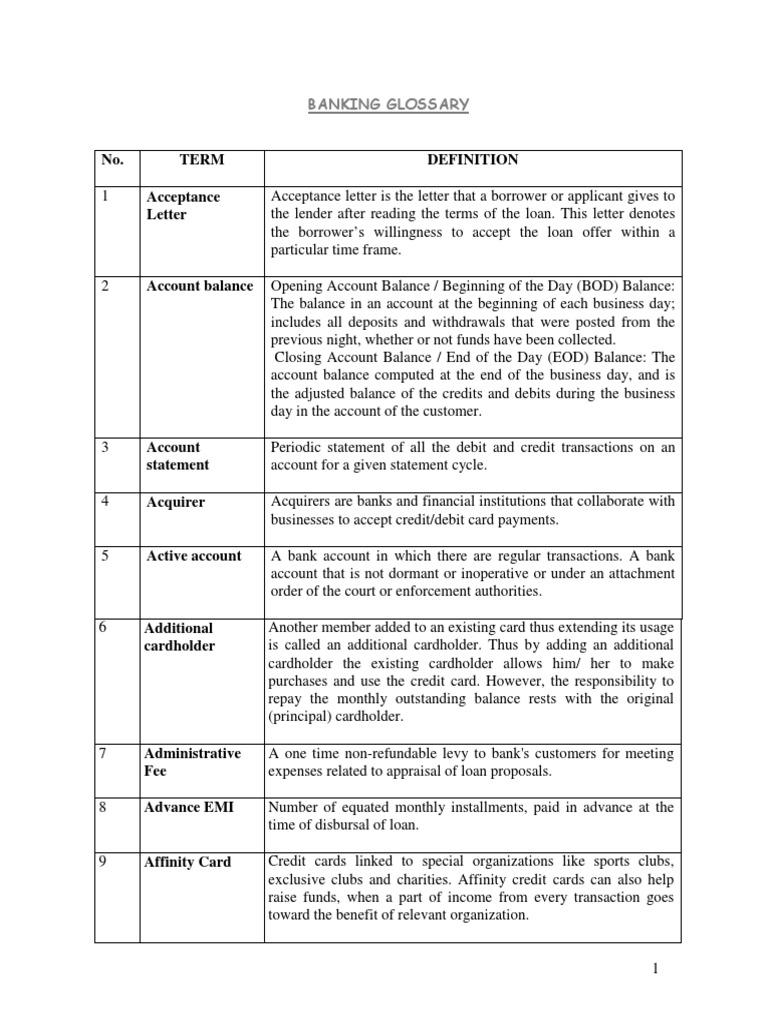 Banking Terms and Definitions Guide | PDF