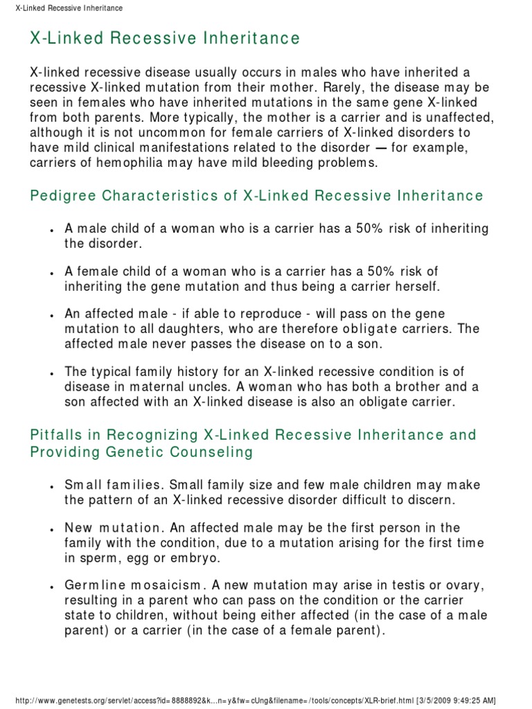 X-Linked Recessive Inheritance Overview | PDF