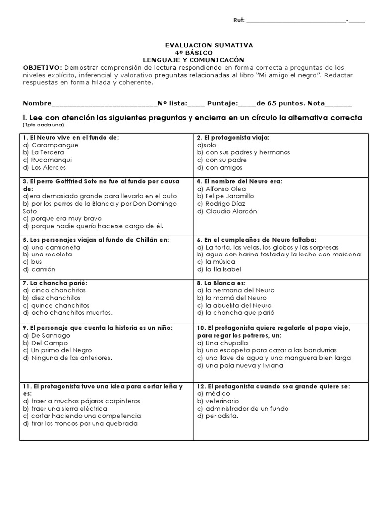 Evaluación de "Mi amigo el negro" | PDF