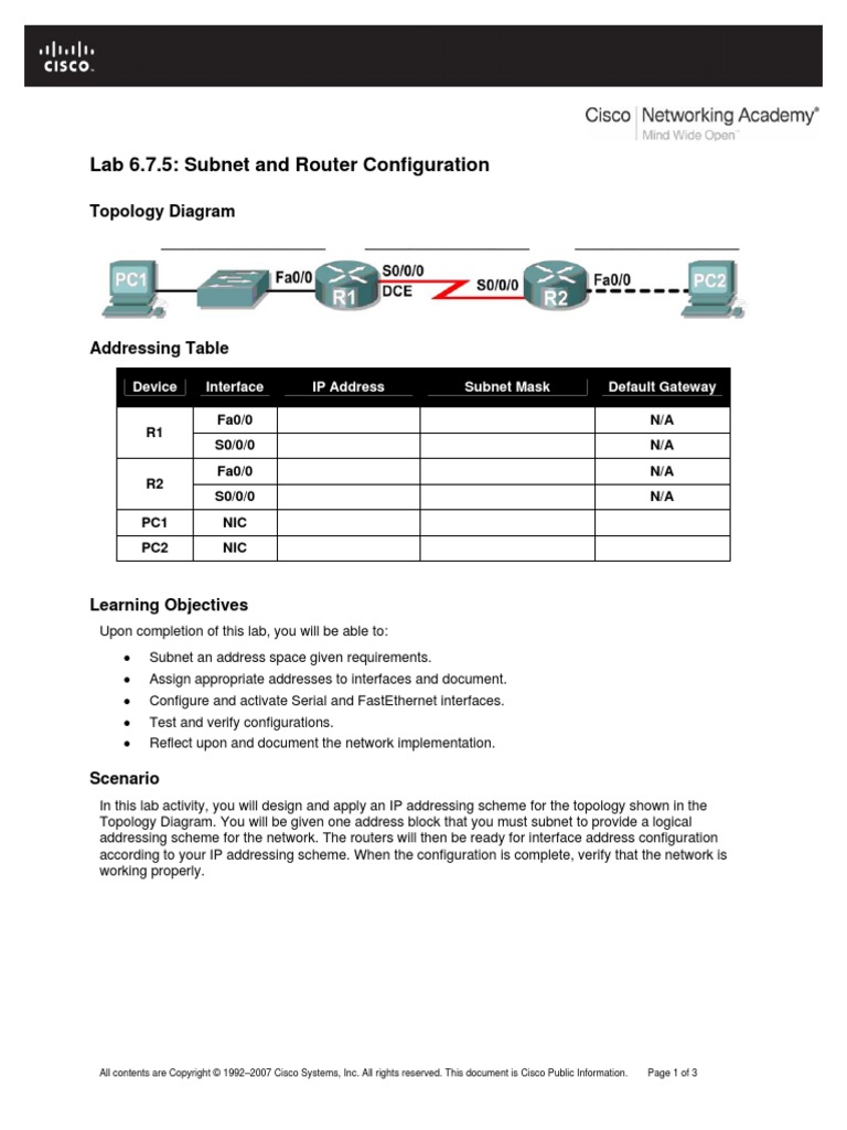 Cisco CCNA Lab 6.7.5 Subnet and Router Configuration | PDF | Ip Address ...