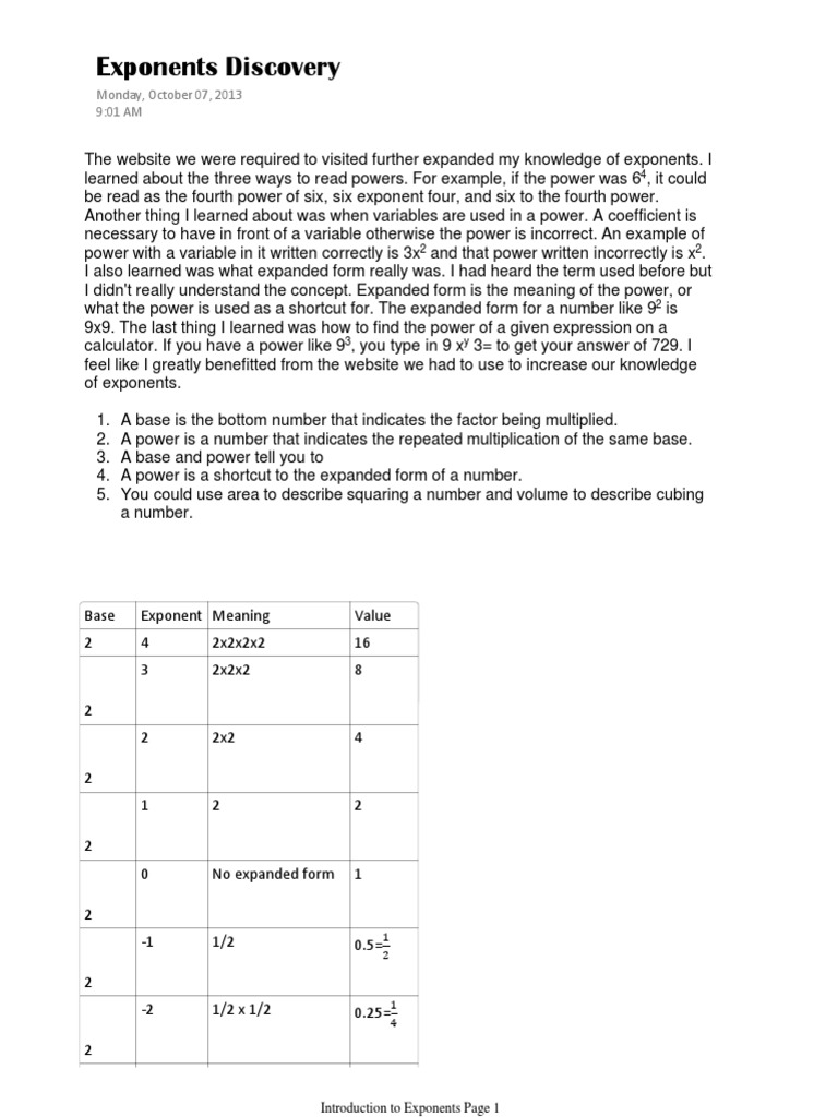 Exponents Discovery Activity | PDF | Exponentiation | Multiplication