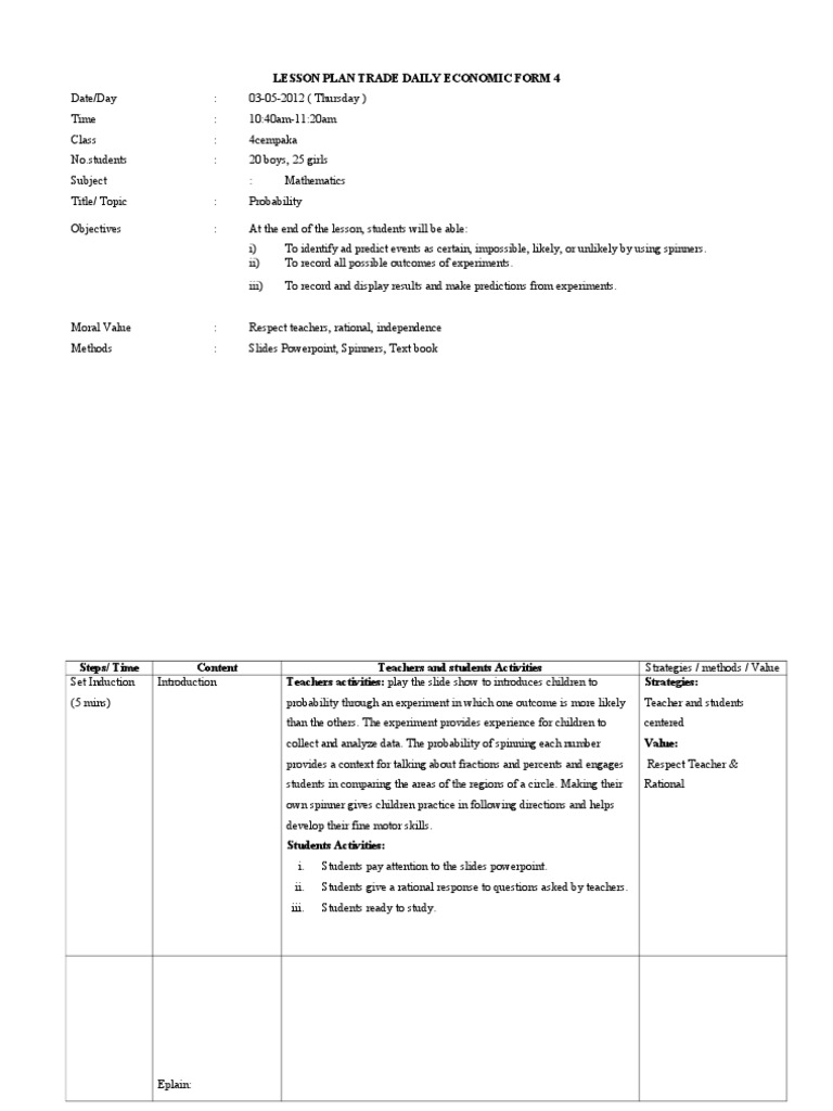 Lesson Plan Economic Form 4 | PDF | Lesson Plan | Experiment