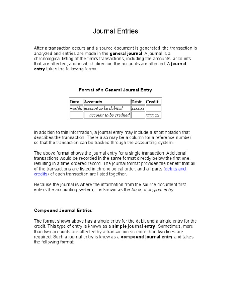 Journal Entries: Entry Takes The Following Format | PDF | Debits And ...