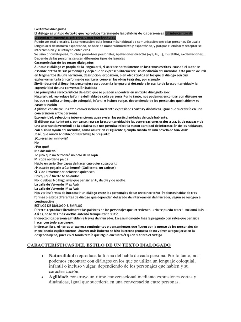 Características del Texto Dialogado | PDF | Diálogo | Conversacion