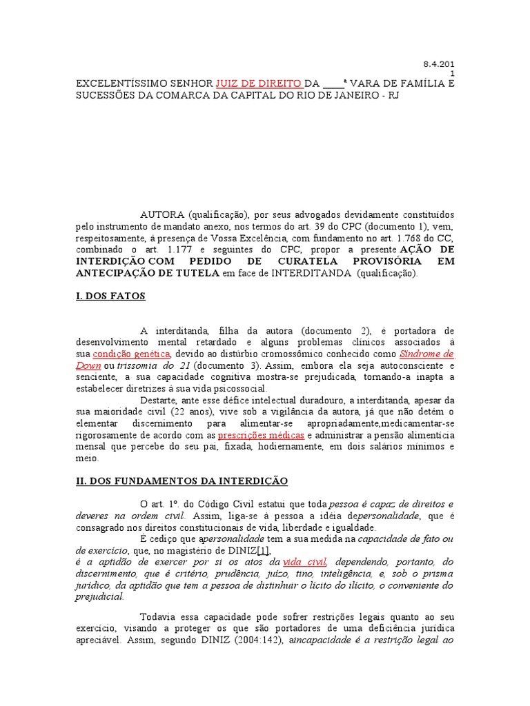 MODELO DE PETIÇÃO INICIAL PARA INTERDIÇÃO COM PEDIDO DE CURATELA ...