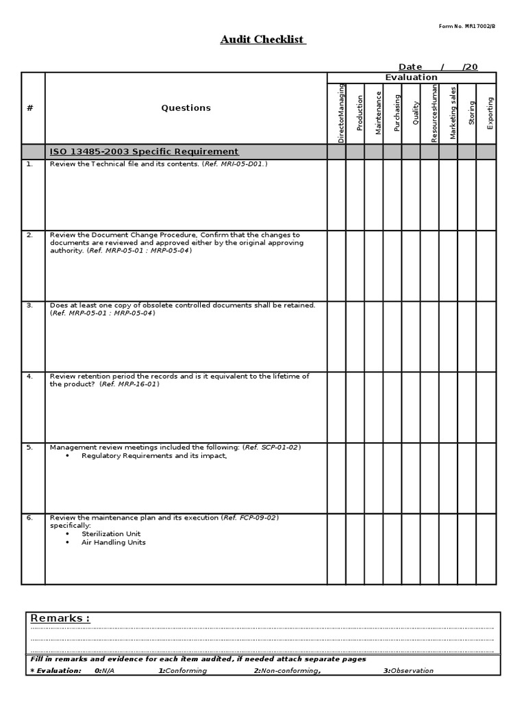 Audit Checklist - IsO 13485 and MDD | Audit | Technology