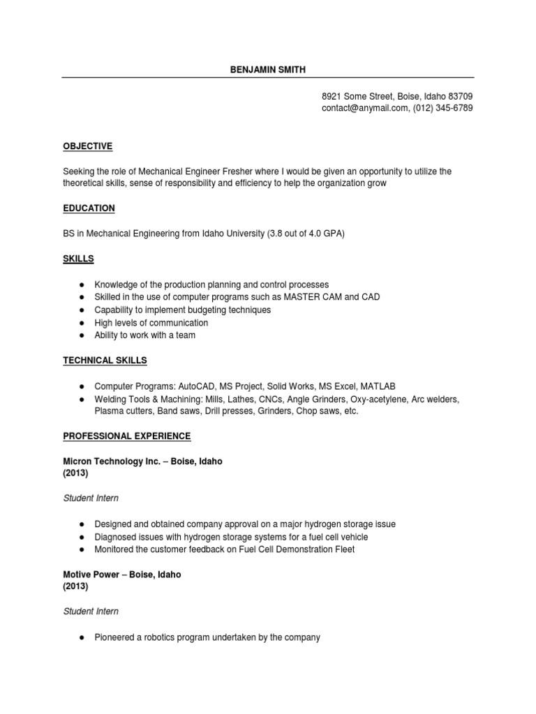 Mechanical Engineering Student Resume Template | PDF