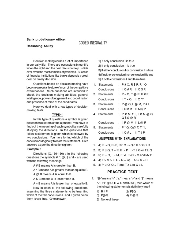 Coded Inequality: Bank Probationary Officer Reasoning Ability | PDF | Teaching Mathematics ...