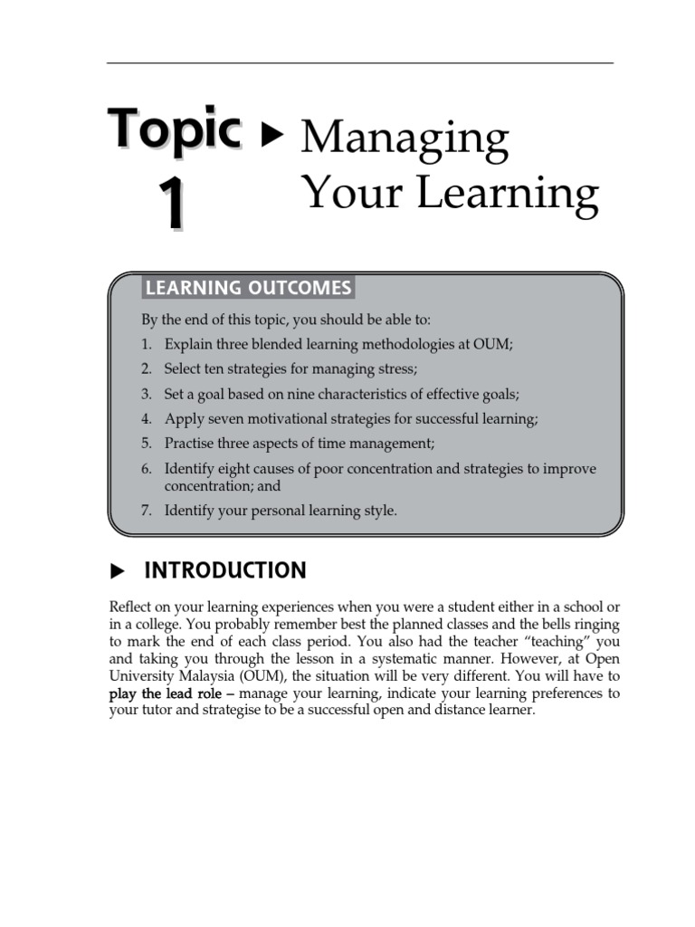 Topic 1 Managing Your Learning | PDF | Goal | Educational Technology
