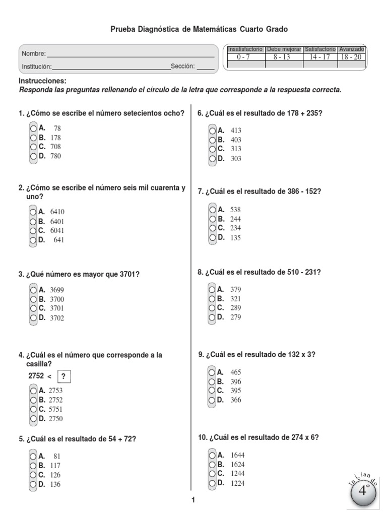 Prueba Diagnostica Grado Cuarto | PDF