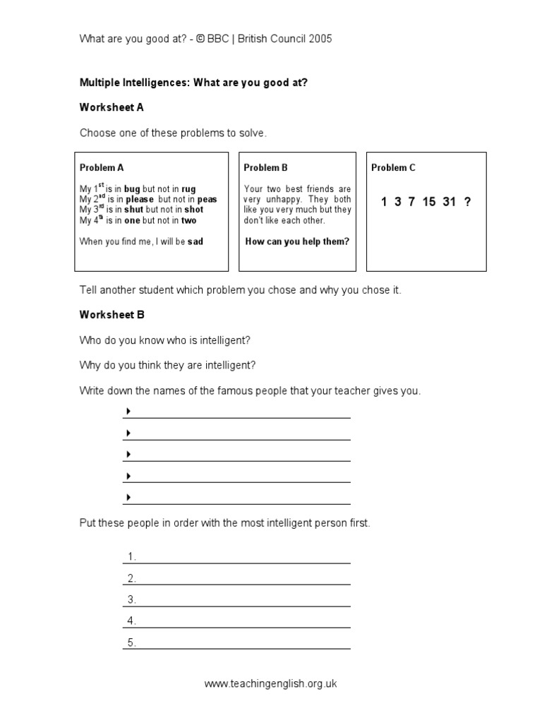 Intelligence Worksheet | PDF | Science & Mathematics