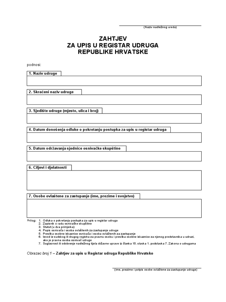 Zahtjev Za Upis U Registar Udruga RH | PDF
