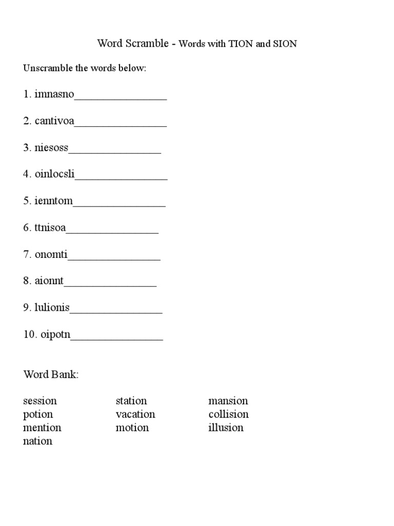 Word Scramble TION and SION Suffixes | PDF