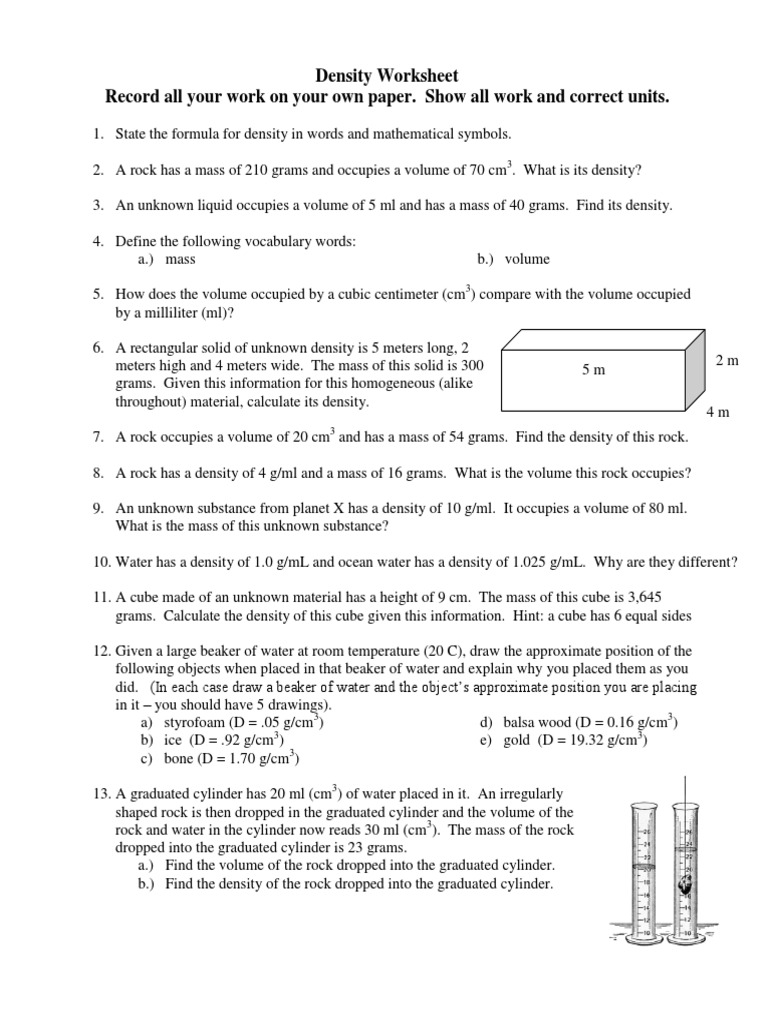 Density Worksheet | PDF | Litre | Density