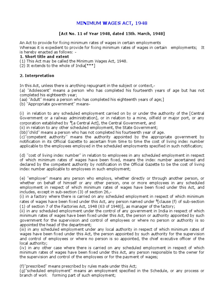 Minimum Wages Act 1948 | PDF | Overtime | Wage
