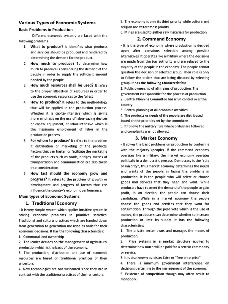 Various Types of Economic Systems. Handout | PDF | Capitalism | Free Market