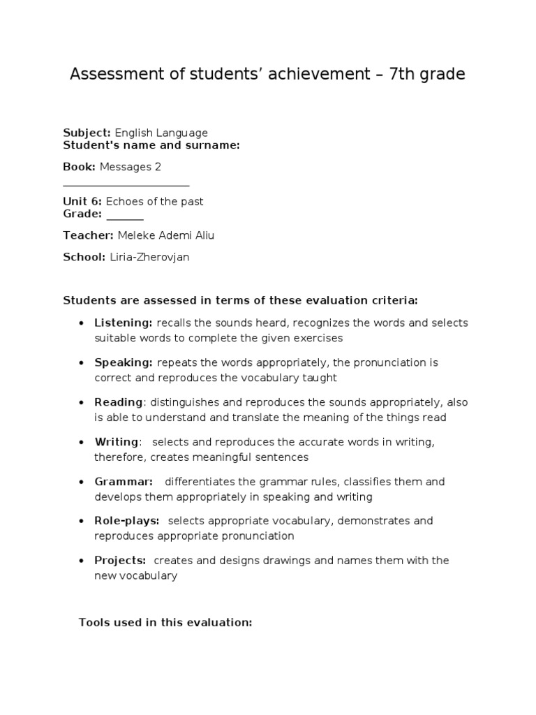 7th Grade English Achievement Assessment | PDF