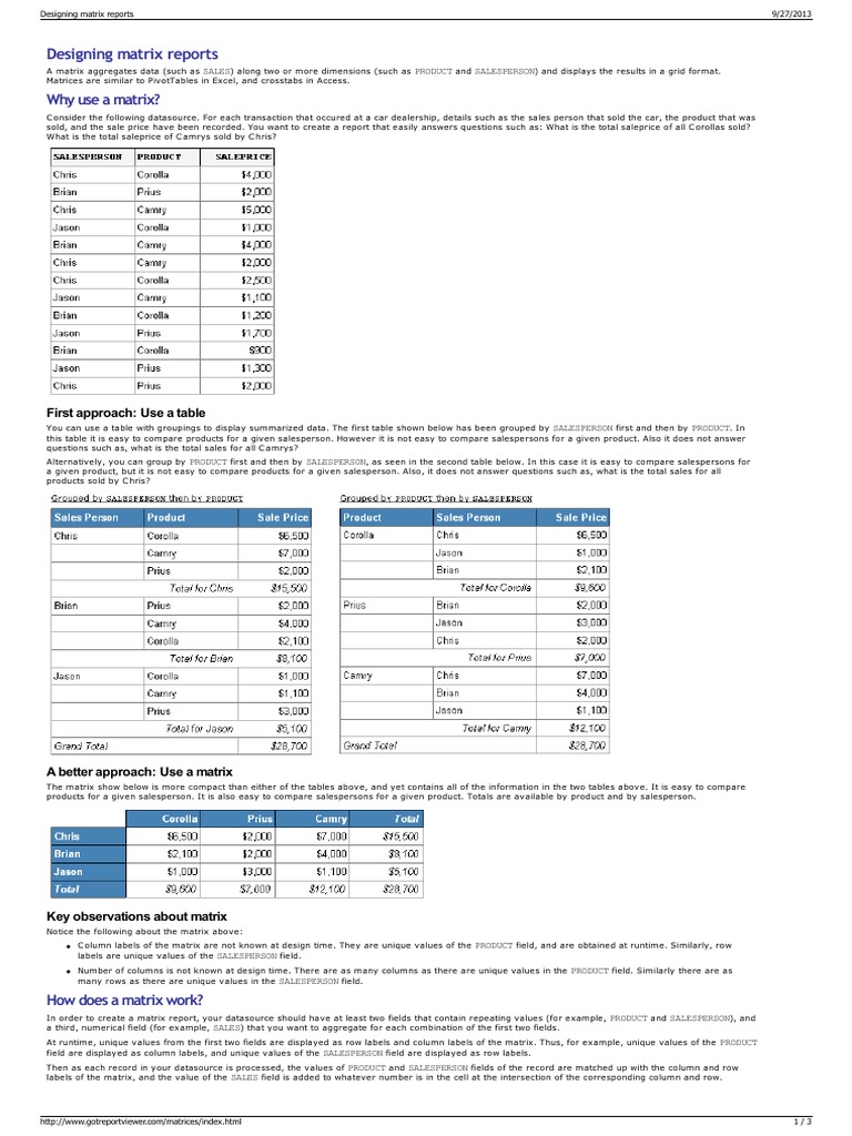 Designing Matrix Reports | PDF | Matrix (Mathematics) | Sales