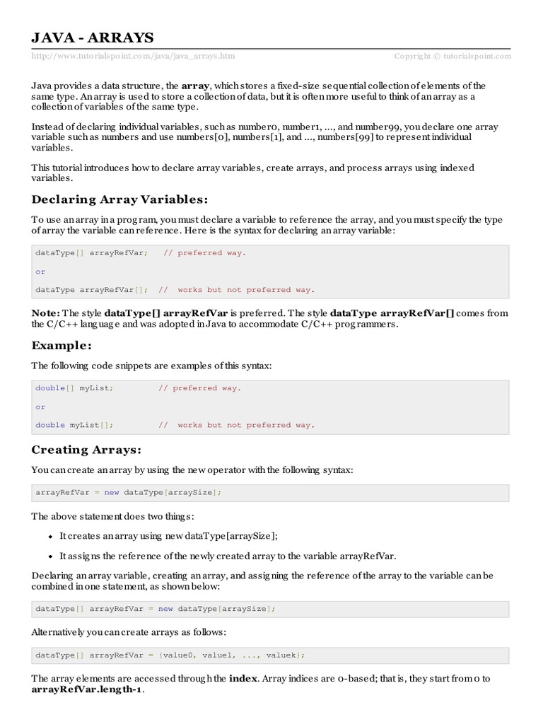 Java - Arrays: Declaring Array Variables | PDF | Array Data Type | Array Data Structure